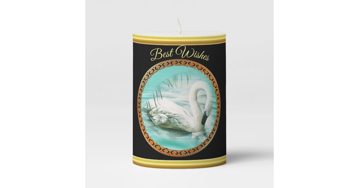 Gold stripe white swan in a turquoise blue water pillar candle | Zazzle