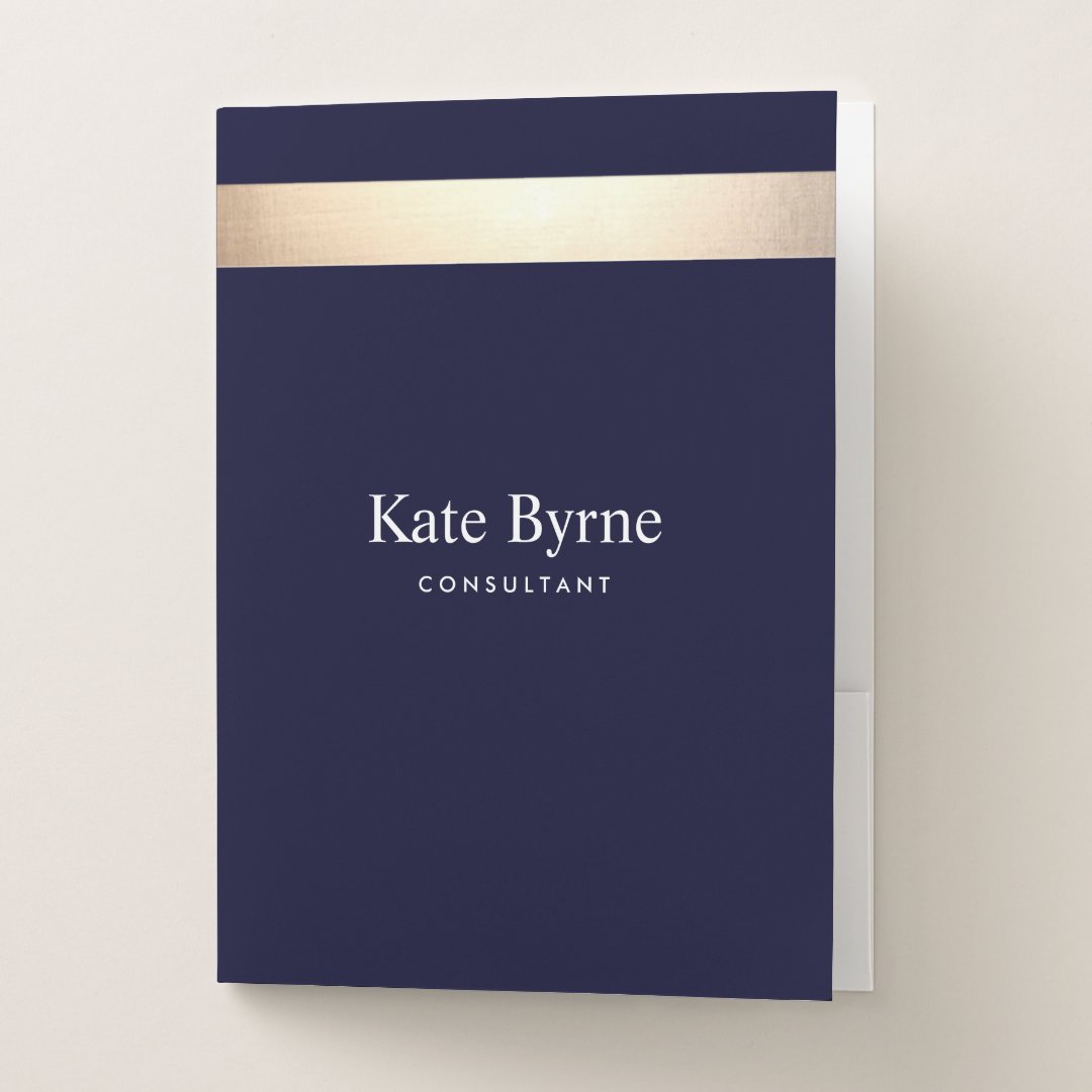 Gold Striped Modern Stylish Navy Blue Professional Pocket Folder | Zazzle