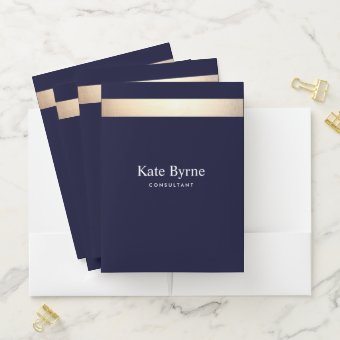 Gold Striped Modern Stylish Navy Blue Professional Pocket Folder | Zazzle