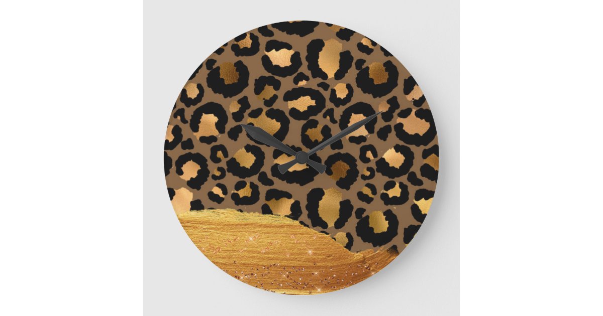 Gold Stripes on Metal Glamour Cheetah Skin Large Clock | Zazzle