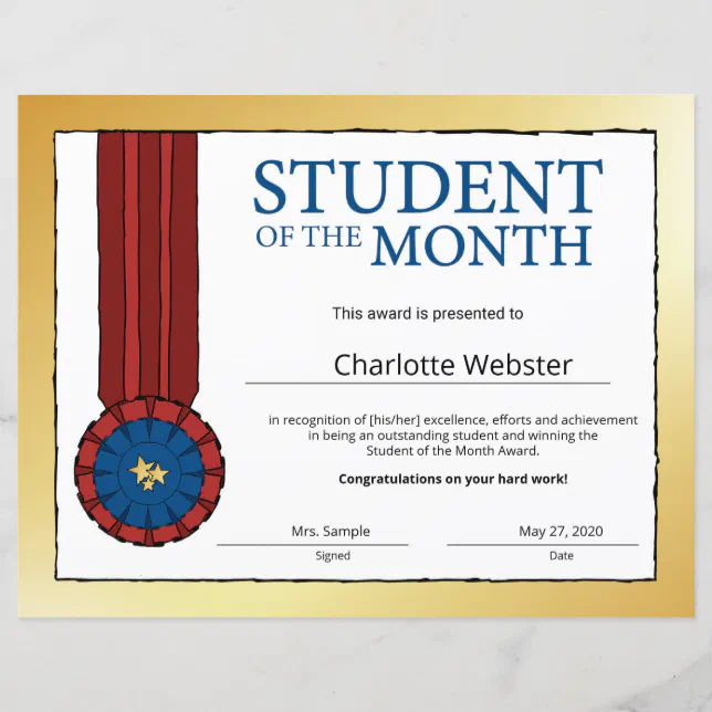 Gold Student of the Month Award Honor Certificate | Zazzle