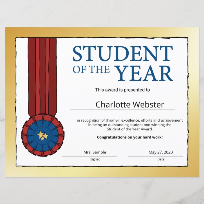 Gold Student of the Year Award Honor Certificate | Zazzle.com
