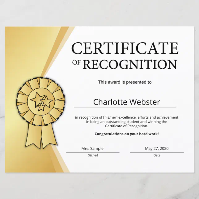 Gold Student Recognition Certificates Award | Zazzle
