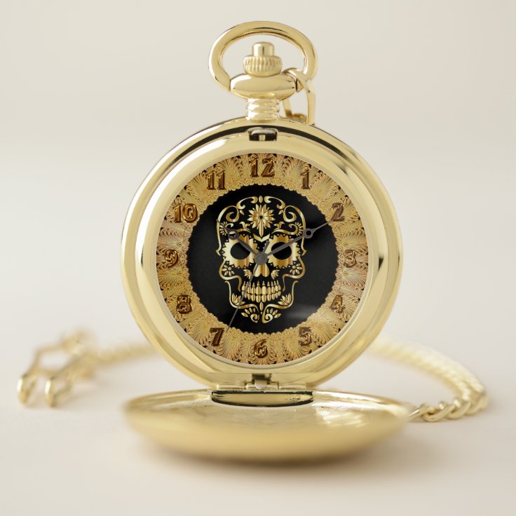 Gold sugar skull cranium design pocket watch | Zazzle