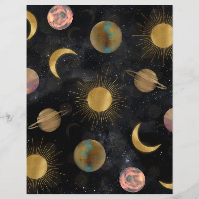 Gold Sun Moon Planets Space illustration Letterhead | Zazzle