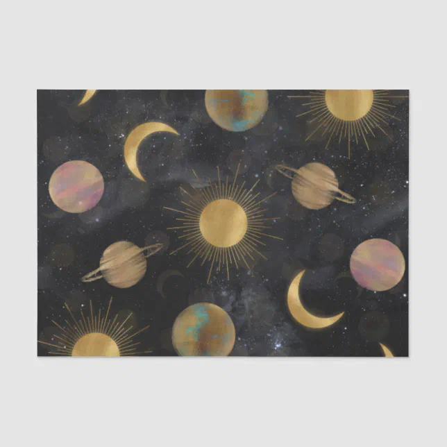 Gold Sun Moon Planets Space illustration Tissue Paper | Zazzle