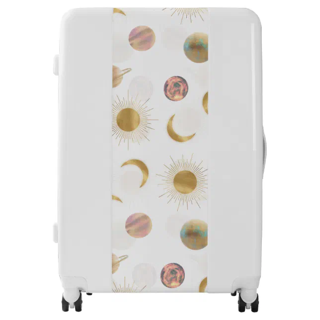 Gold Sun Moon Planets Space White illustration Luggage | Zazzle