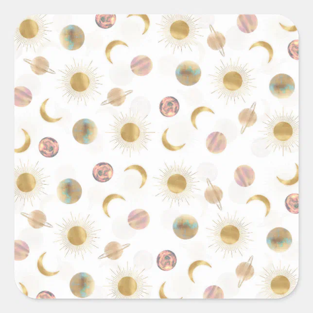 Gold Sun Moon Planets Space White illustration Square Sticker | Zazzle