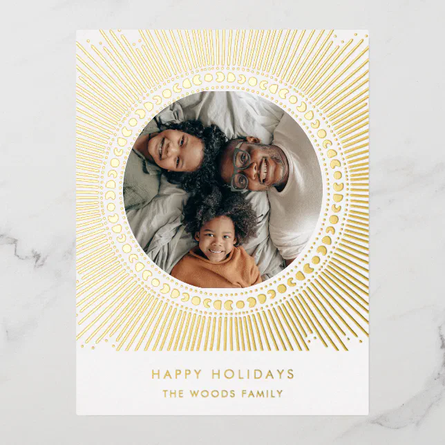 Gold sunburst frame art deco family photo foil holiday postcard | Zazzle