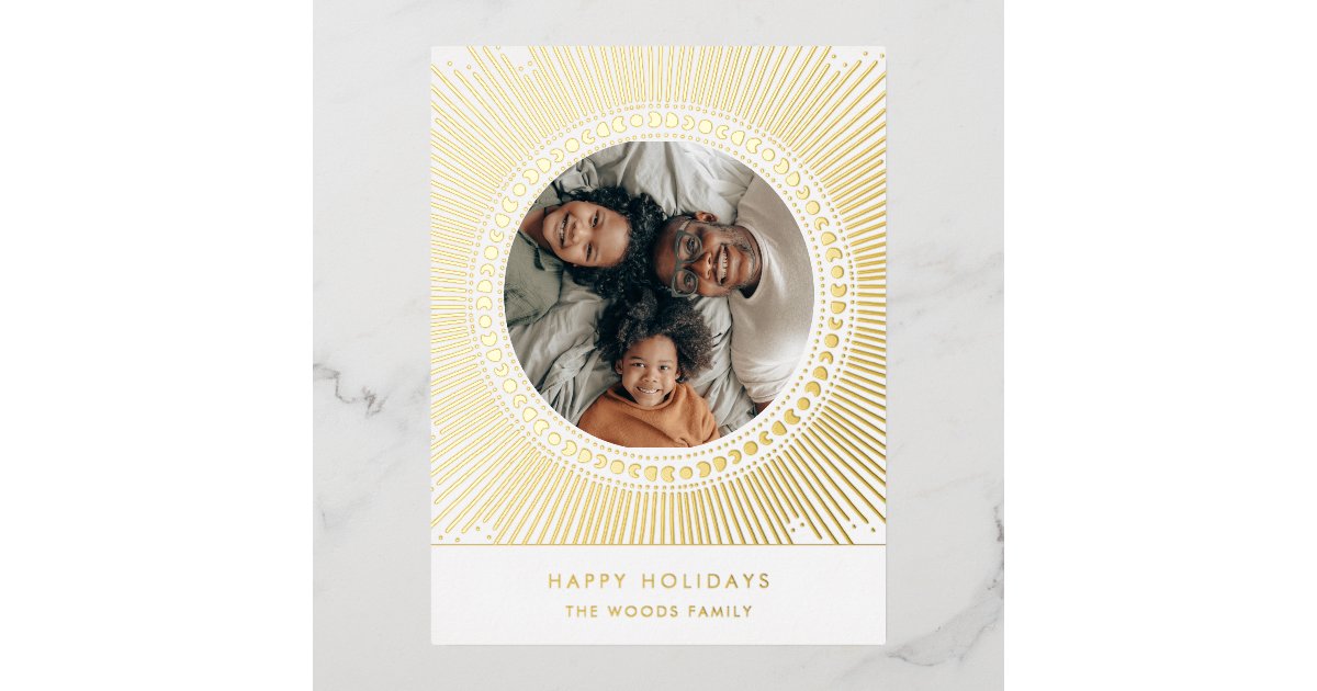 Gold sunburst frame art deco family photo foil holiday postcard | Zazzle