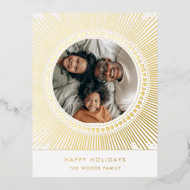 Gold sunburst frame art deco family photo foil holiday postcard | Zazzle