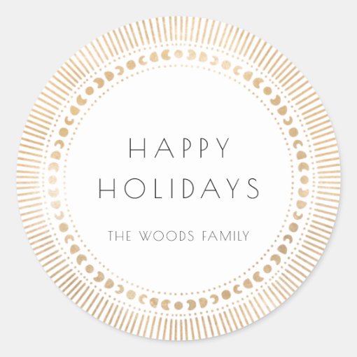 Gold sunburst frame art deco Happy Holidays Classic Round Sticker | Zazzle