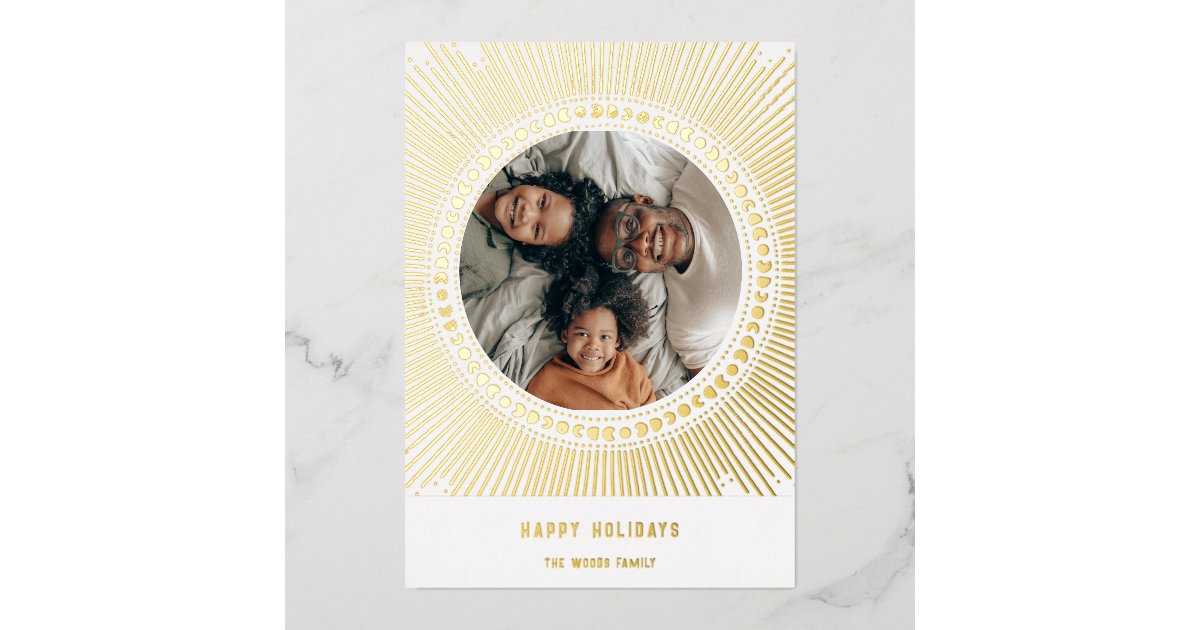 Gold sunburst frame art deco photo foil holiday card | Zazzle