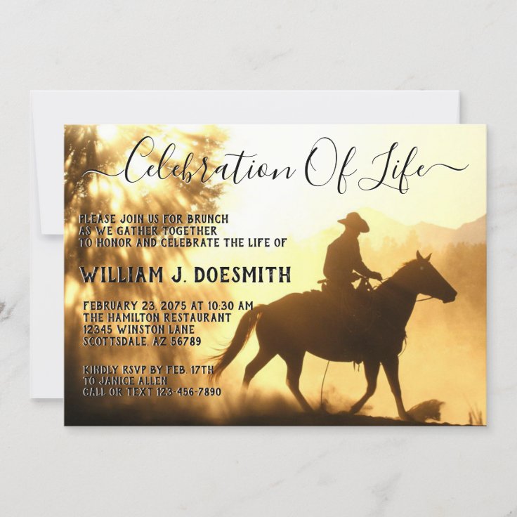 Gold Sunset Cowboy Funeral Memorial Service Invitation | Zazzle