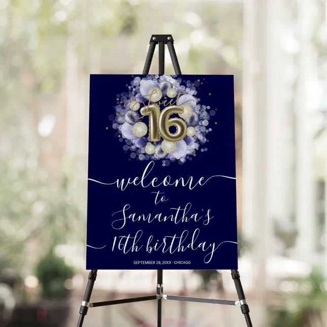 Gold Sweet 16 Bday Balloons Blue Welcome Sign | Zazzle