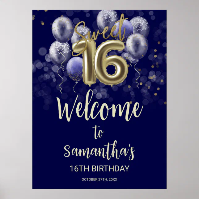 Gold Sweet 16 Bday Balloons Blue Welcome Sign | Zazzle