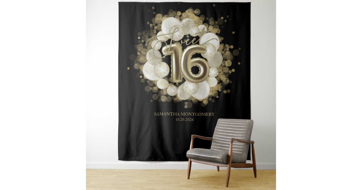 Gold Sweet 16 Bday Balloons Party Black Backdrop | Zazzle