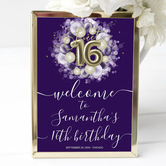 Gold Sweet 16 Bday Balloons Purple Welcome Sign | Zazzle