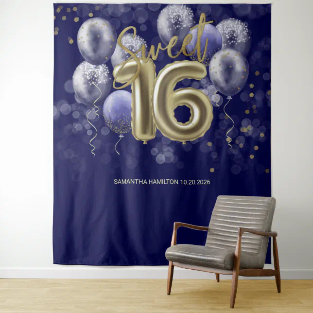 Gold Sweet 16 Bday Balloons Royal Blue Backdrop | Zazzle