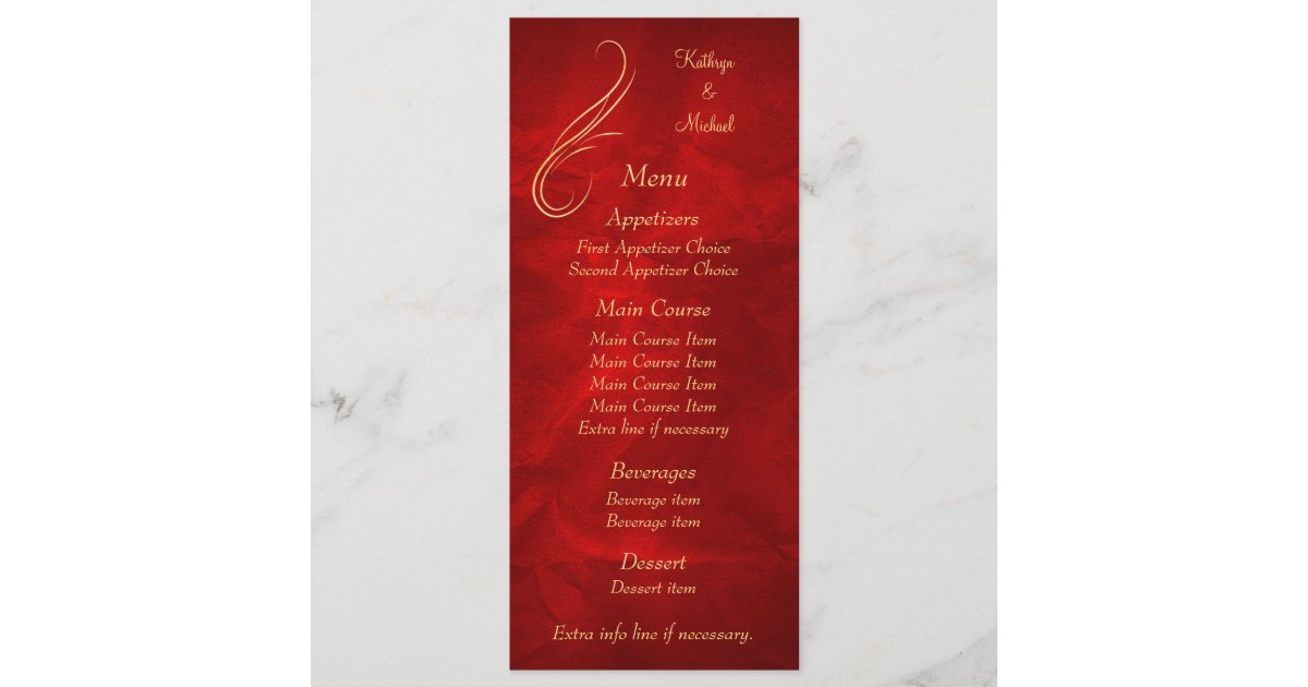 Gold Swirl Bright Red Wedding Menu | Zazzle