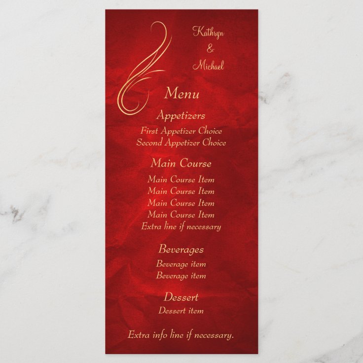 Gold Swirl Bright Red Wedding Menu | Zazzle