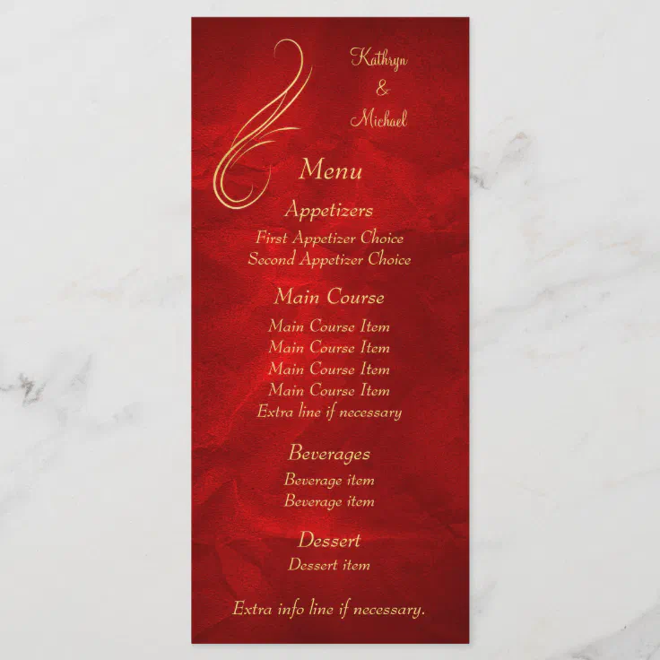 Gold Swirl Bright Red Wedding Menu | Zazzle