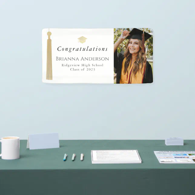 Gold Tassel & Cap White Graduation Party Photo Banner | Zazzle