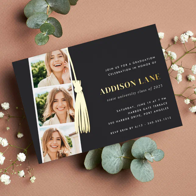 Gold Tassel Photo Strip Graduation Party Foil Invitation | Zazzle