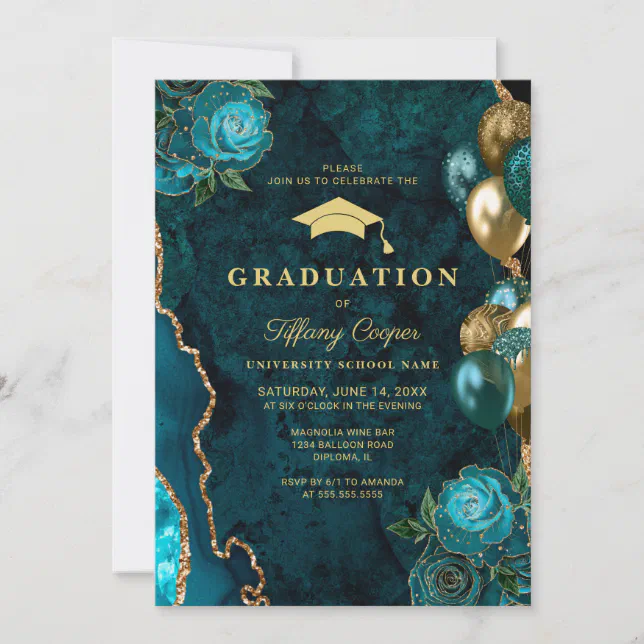 Gold Teal Agate Graduation Party Invitation | Zazzle