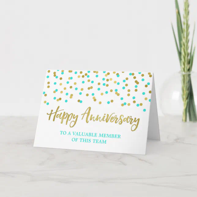 Gold Teal Confetti Employee Anniversary Card | Zazzle