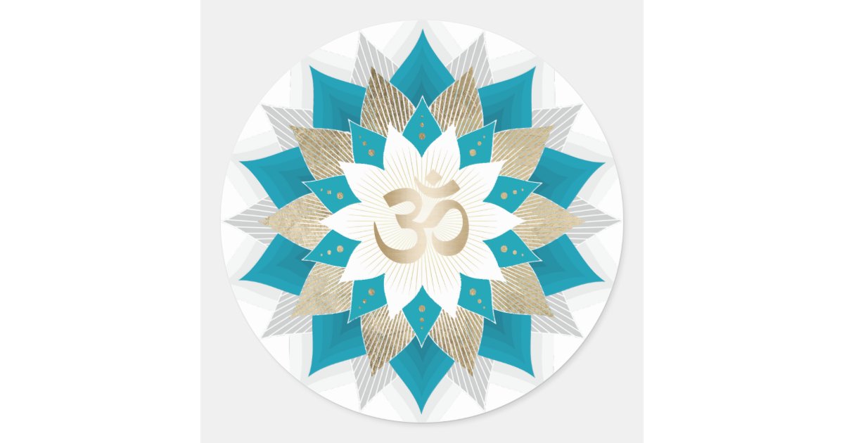 Gold & Teal Lotus Floral Namaste Yoga Om Sign Classic Round Sticker ...