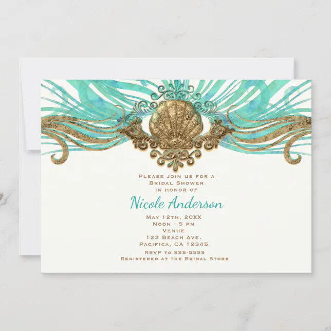Gold & Teal Sea Shell Glam Beach Party Invitations | Zazzle