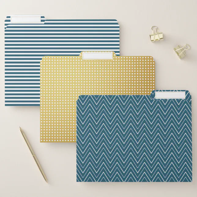 Gold & Teal Stripes Dots & Chevron Pattern File Folder | Zazzle