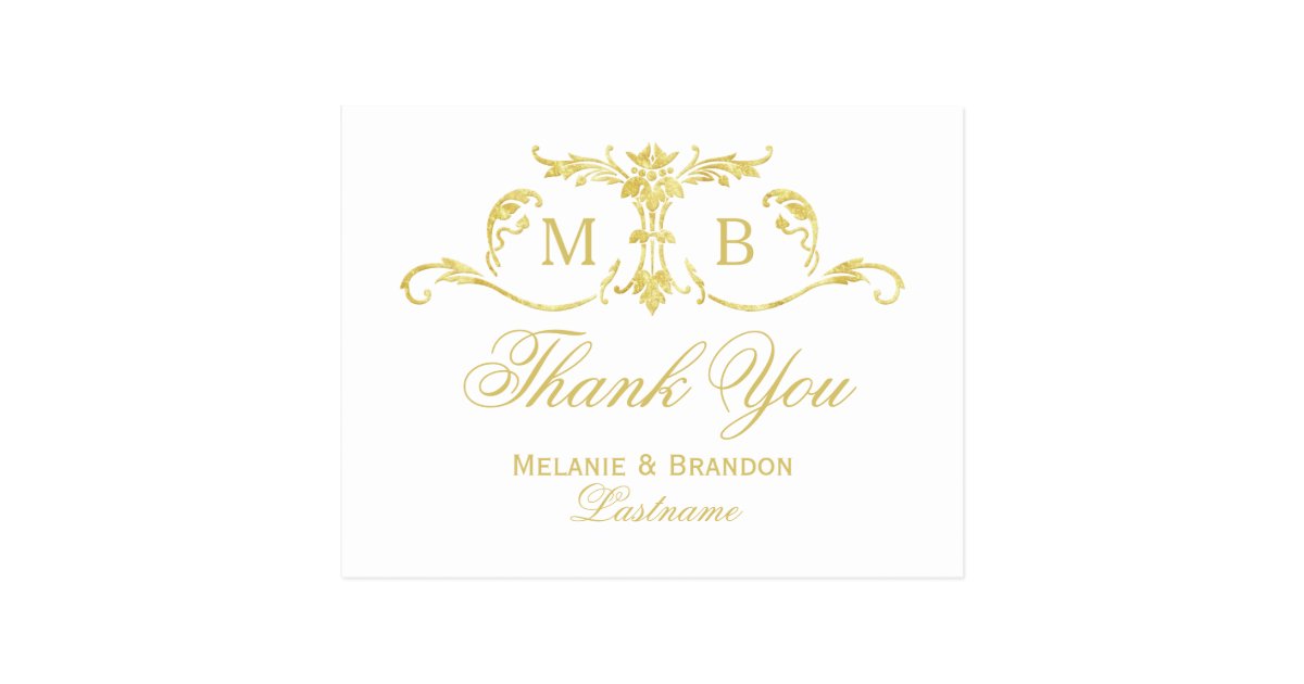 Gold Thank You postcards Monogram wedding set | Zazzle.com