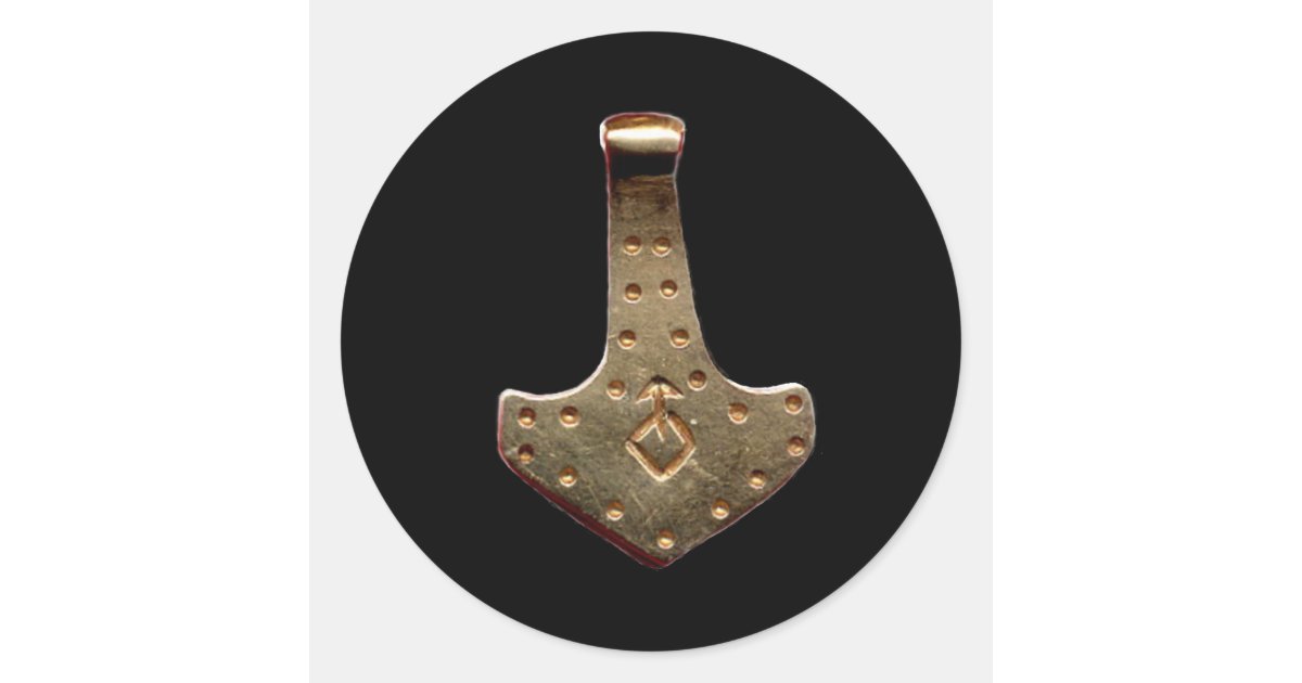Gold Thor Hammer black large round stickers | Zazzle