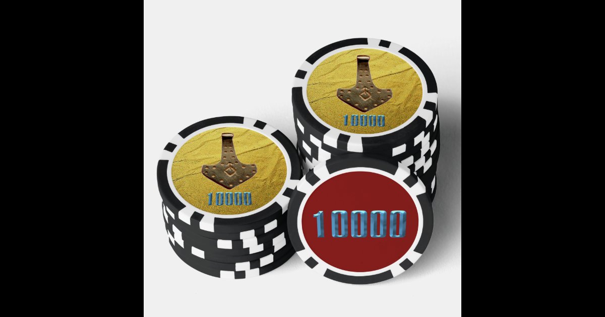 Gold Thor Hammer red blkb 10K striped poker chip | Zazzle