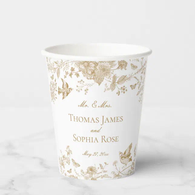 Gold Toile De Jouy Vintage Floral Wedding Paper Cups | Zazzle