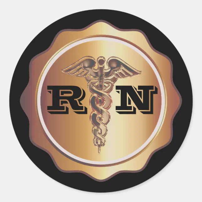 Gold Tone Caduceus RN Nurse | Medical Classic Round Sticker | Zazzle