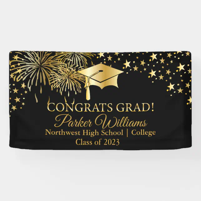 Gold Tone Fireworks | Stars Congrats Grad Black Banner | Zazzle