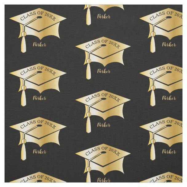 Black and Gold Graduation Cap Pattern Fabric | Zazzle