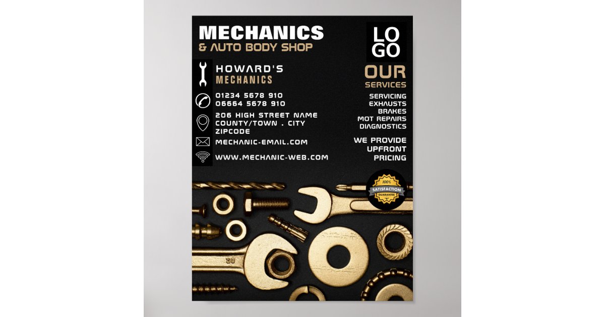 Gold Tools, Auto Mechanic & Repairs Advertising Poster | Zazzle