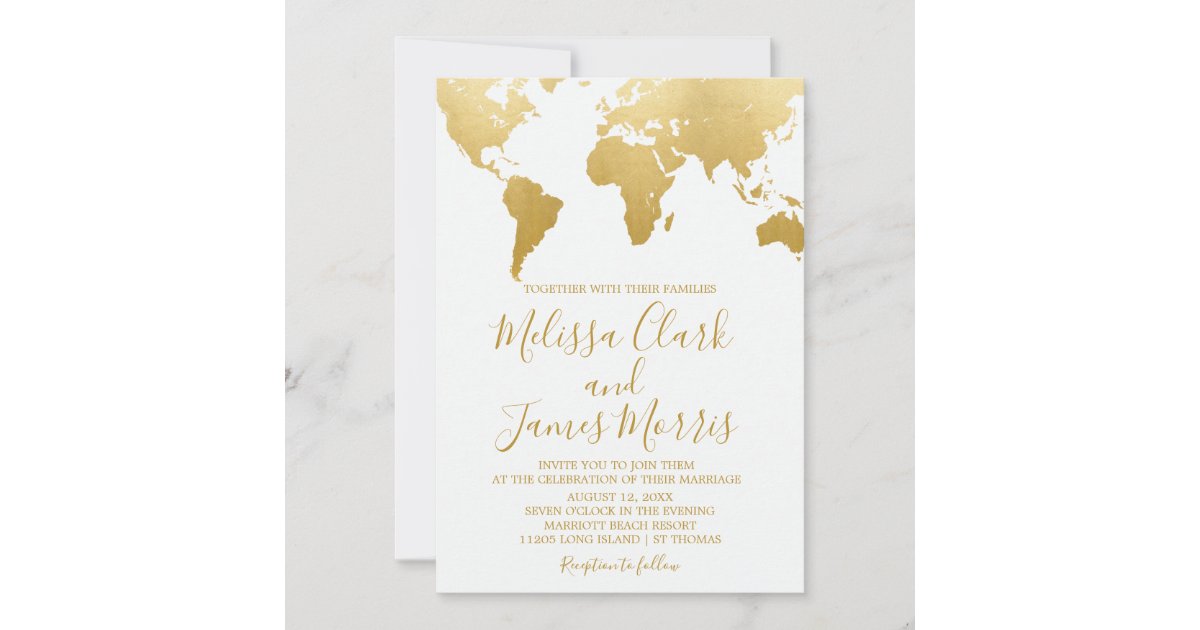 Gold Travel World Map Wedding Invitation | Zazzle