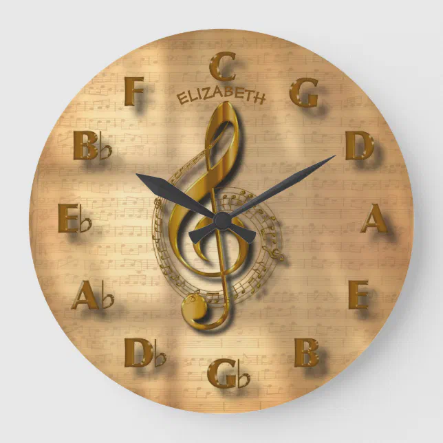 Gold Treble Clef Clock With Circle Of Fifths Music | Zazzle