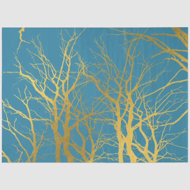 Gold Tree Branches Pattern Blue Background Tissue Paper | Zazzle