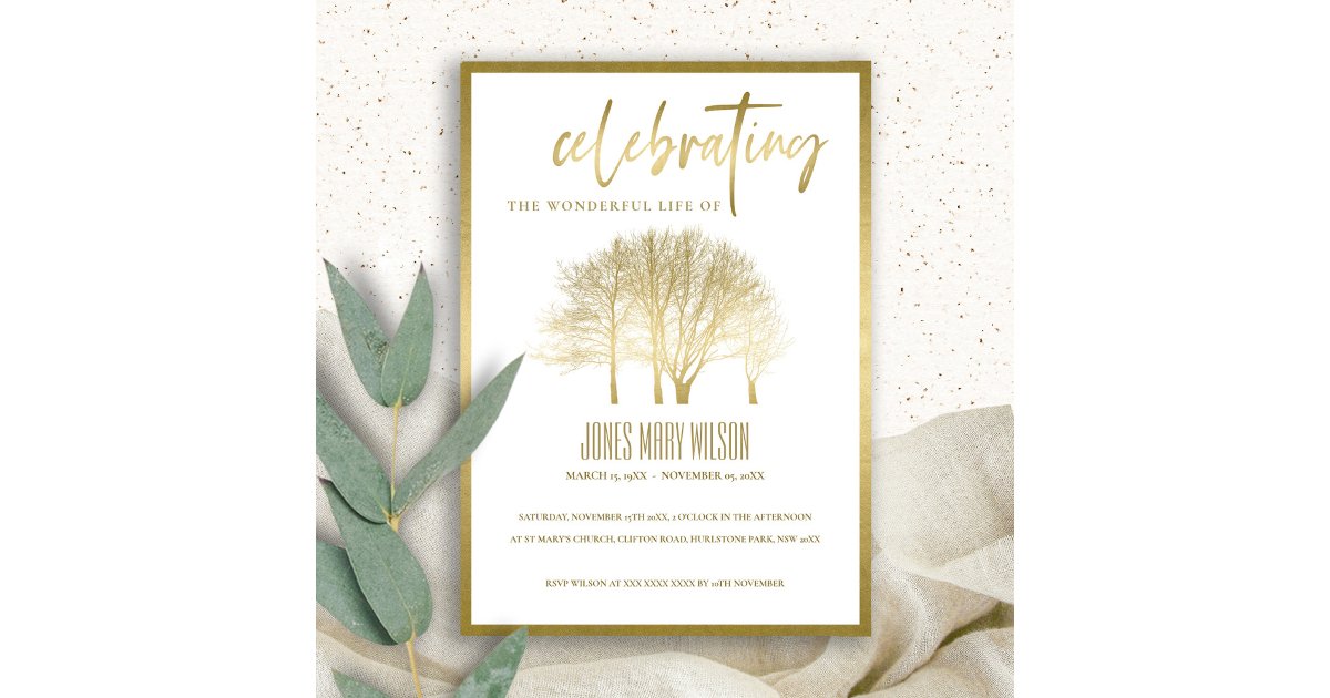 GOLD TREE CELEBRATING LIFE MEMORIAL SERVICE INVITE | Zazzle