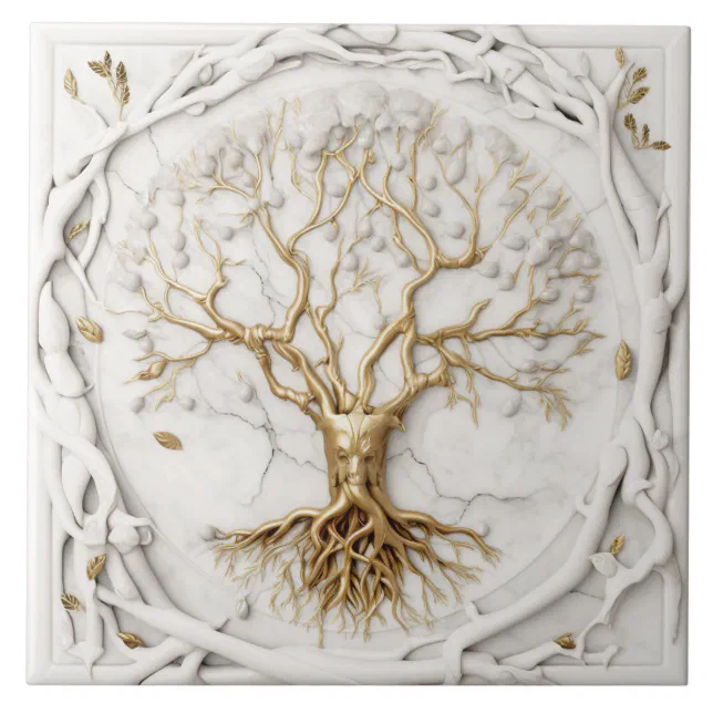 Gold tree of life 3D illustration on White marble Ceramic Tile | Zazzle