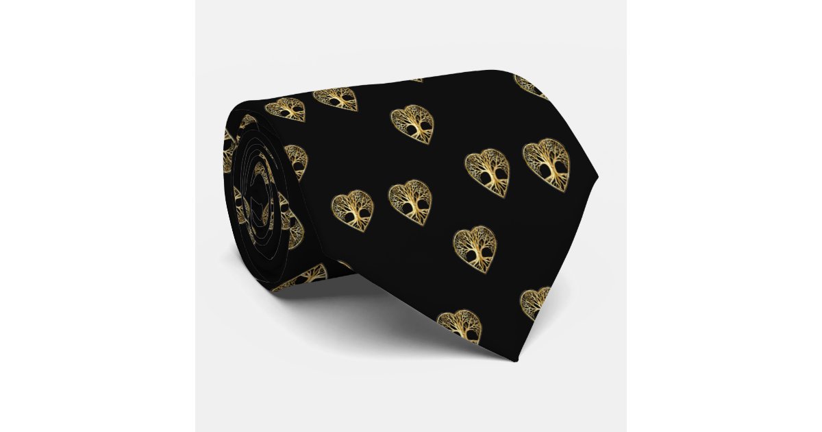 Gold tree of life heart black pattern neck tie | Zazzle
