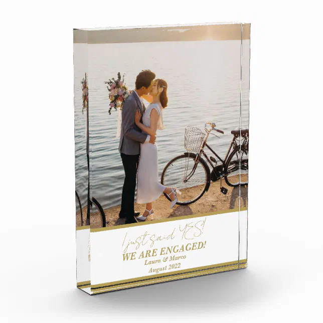 Gold Trendy Modern Engagement Couple Photo Block | Zazzle