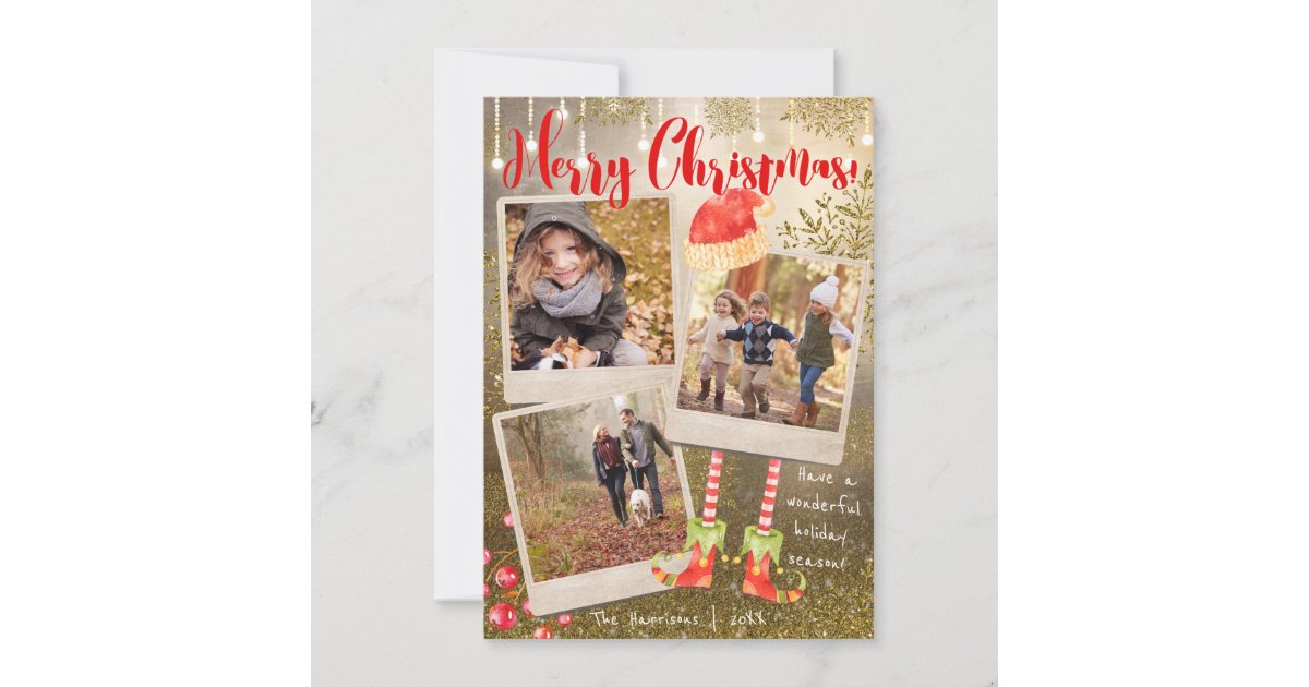 Gold Triple Photo Collage Christmas Holiday | Zazzle