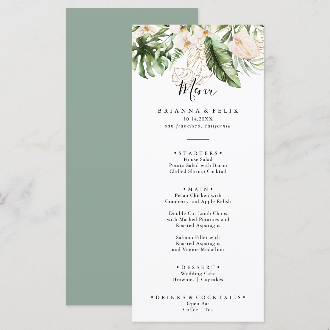 Gold Tropical Foliage Floral Dinner Menu | Zazzle
